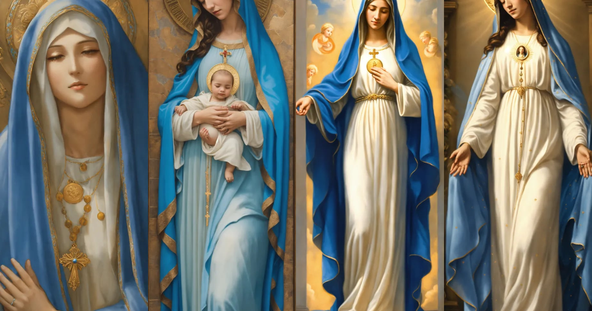 Lexica - A serene portrait of Mother Mary, cloaked in a heavenly blue ...