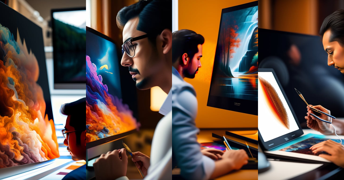 Lexica - A painting on a silk of a person is sitting at the computer ...