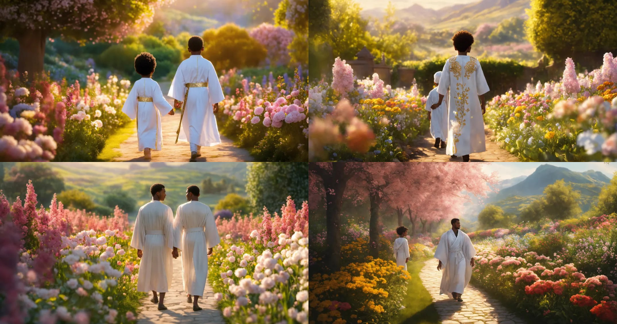 Lexica - Illustrate a view of Two children walking along a garden ...