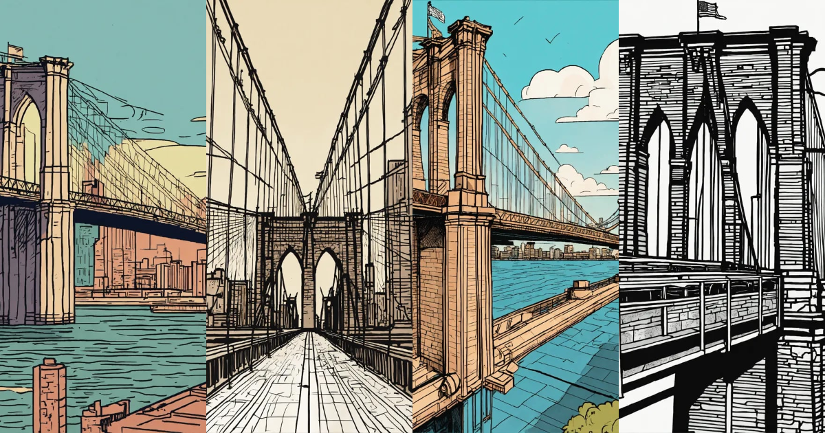 Lexica - A 2D cartoon line art drawing of the Brooklyn bridge from the side