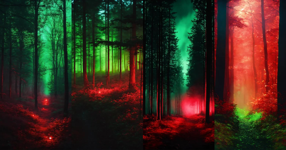 Lexica - Cinematic dark forest, red and green light,