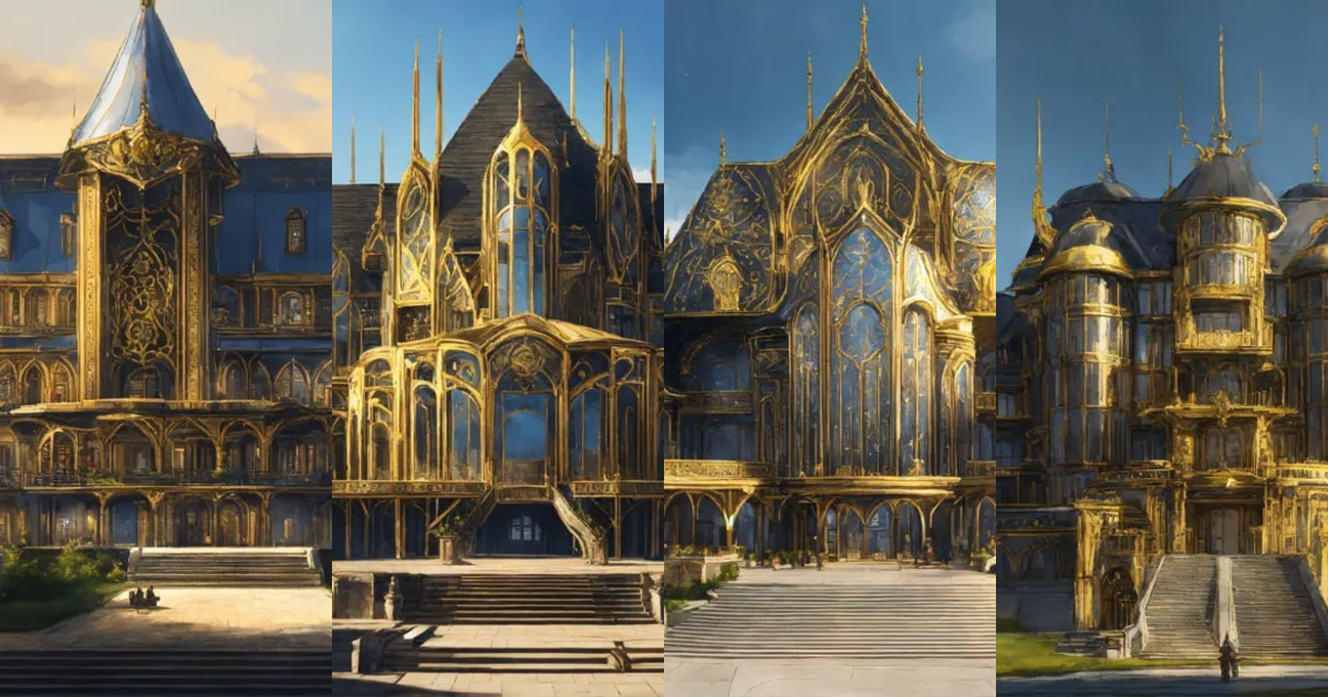 Lexica - Drawing of the full image of a massive black and gold elegant high elf sci fi palace in ...