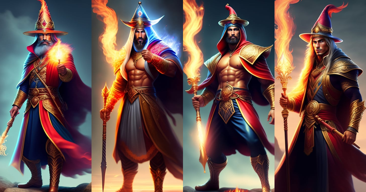 Lexica - Fire wizard, wizard hat, wizard clothes, magic staff, muscular ...