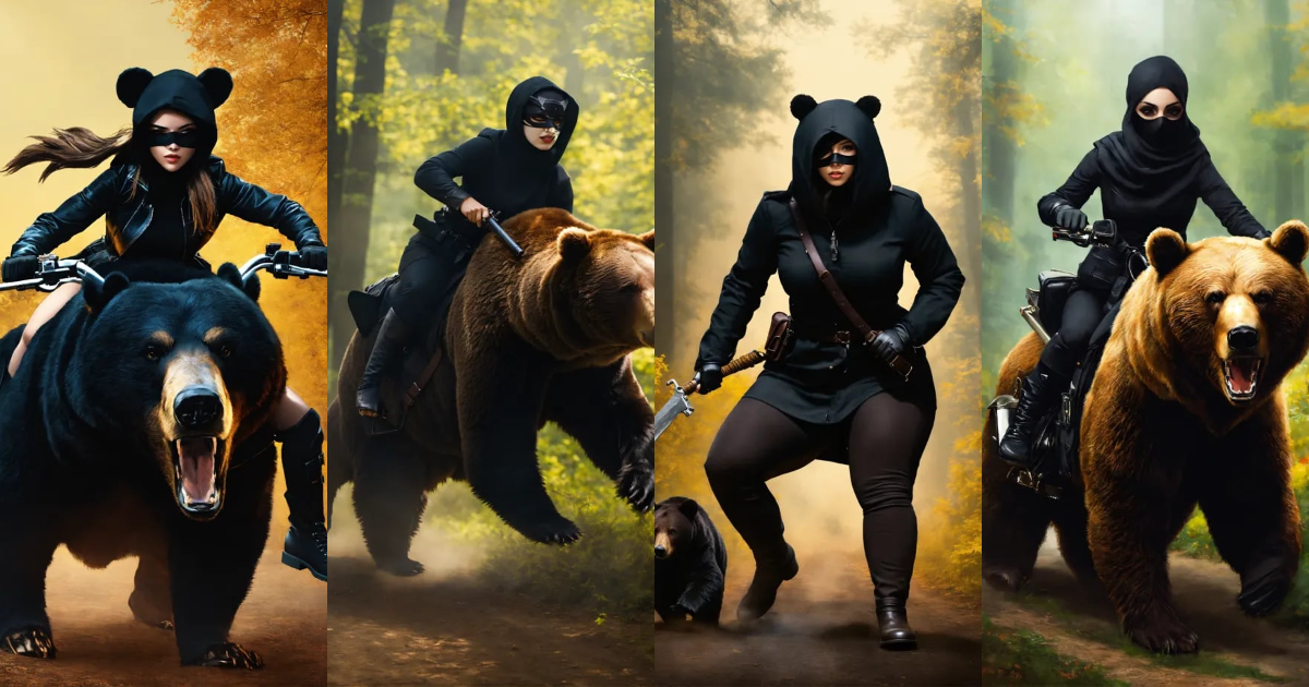 Lexica - Masked thief woman dressed in black riding a bear