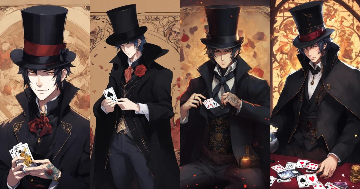 Lexica - A man in a black cloak and top hat. Anime style. Holding ...