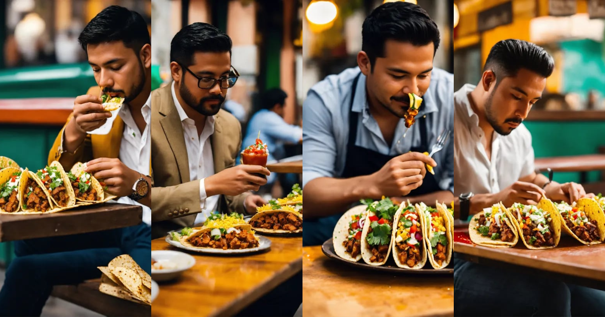 Lexica - An elegant food critic is sitting on a bench eating tacos al ...