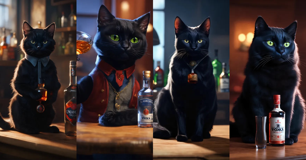 Lexica - A drunk black cat, holding a bottle of vodka on his hand ...