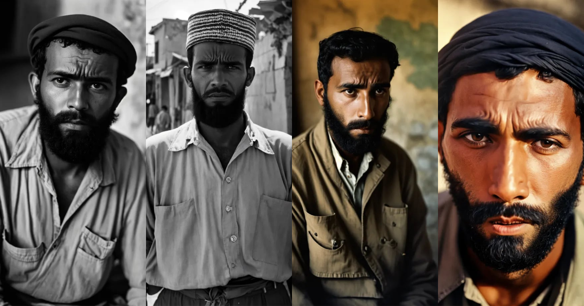 Lexica - Palestine man in 1957, dark skin, trimmed beard, scared and sad