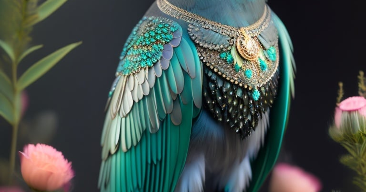 Lexica - Muted floral dusted shiny glimmering emerald teal grey bird ...