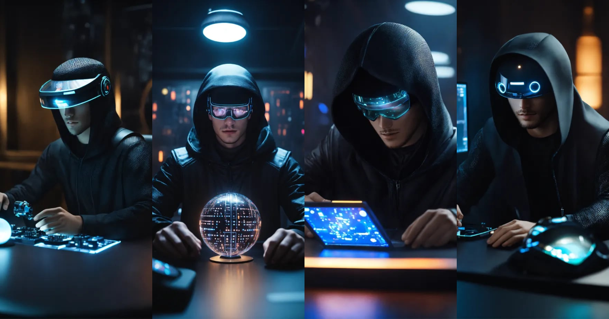 Lexica - Nerdy 25 year old male hacker wearing futuristic black ...
