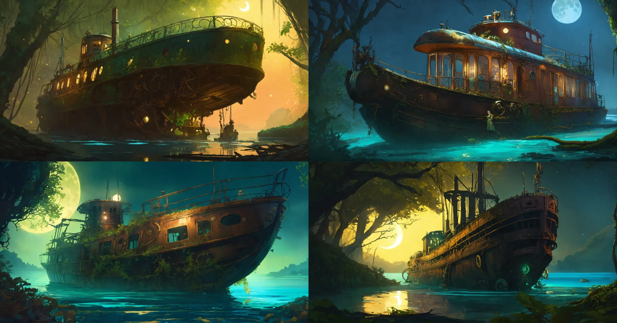 Lexica - Beached heavily overgrown steampunk submersible tilted rusty ...