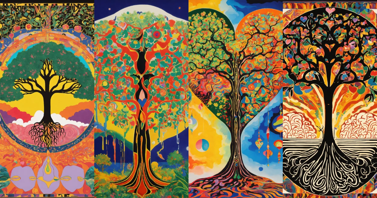 Lexica - Janpanse groovy retro poster ,tree of life merging with love ...