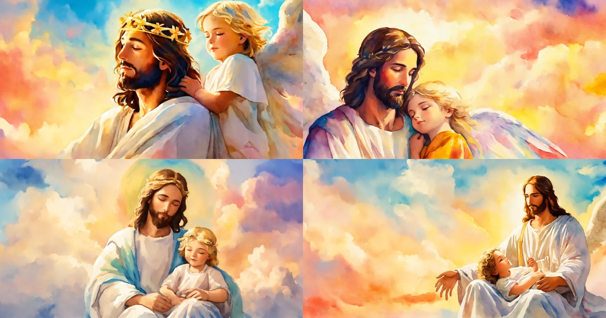 Lexica - Portrait jesus with cute blonde angel kid resting in heaven ...