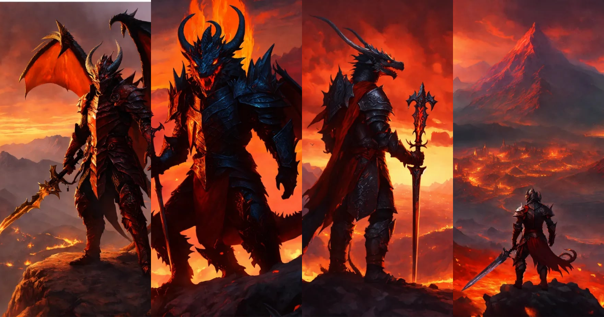 Lexica - Dragon lord, humanoid, black armor, flame sword, dragon shield ...