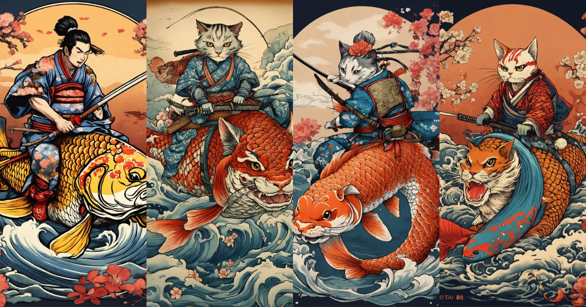 Lexica - T-shirt design, samurai cat riding on a big carp koi, by Kanō ...