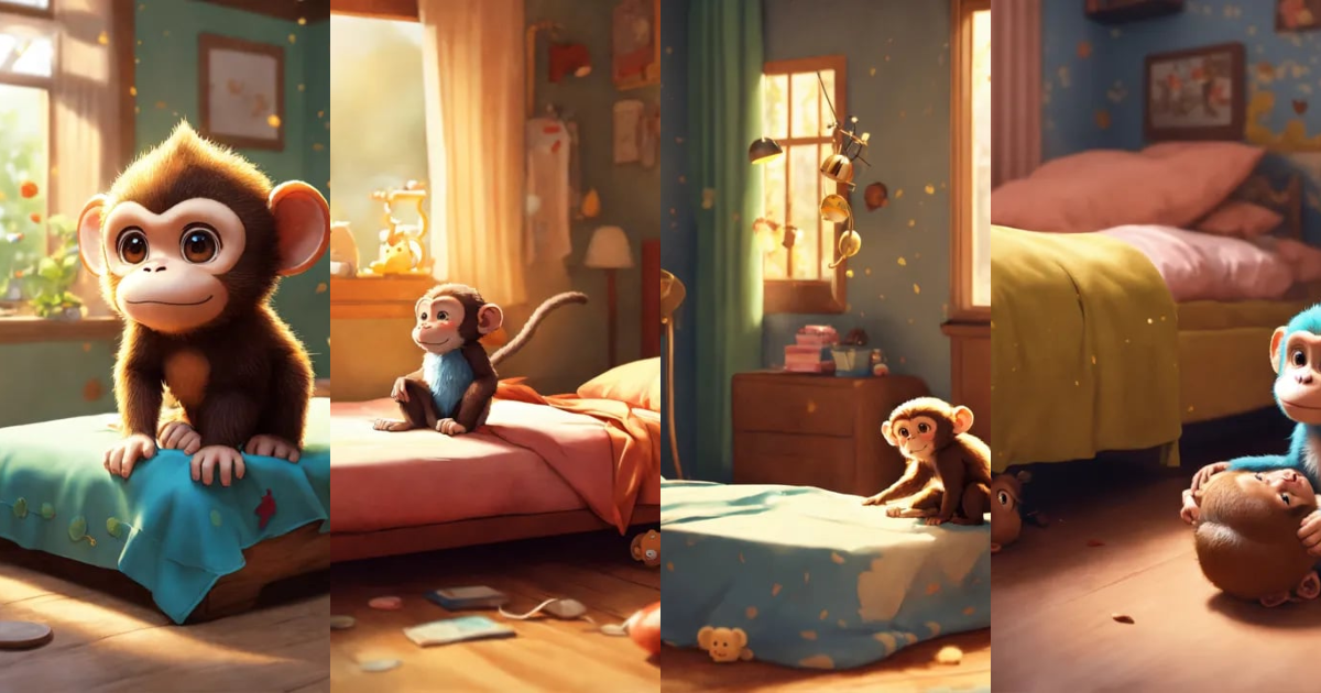 Lexica - A little monkey falls off the bed and onto the floor ...