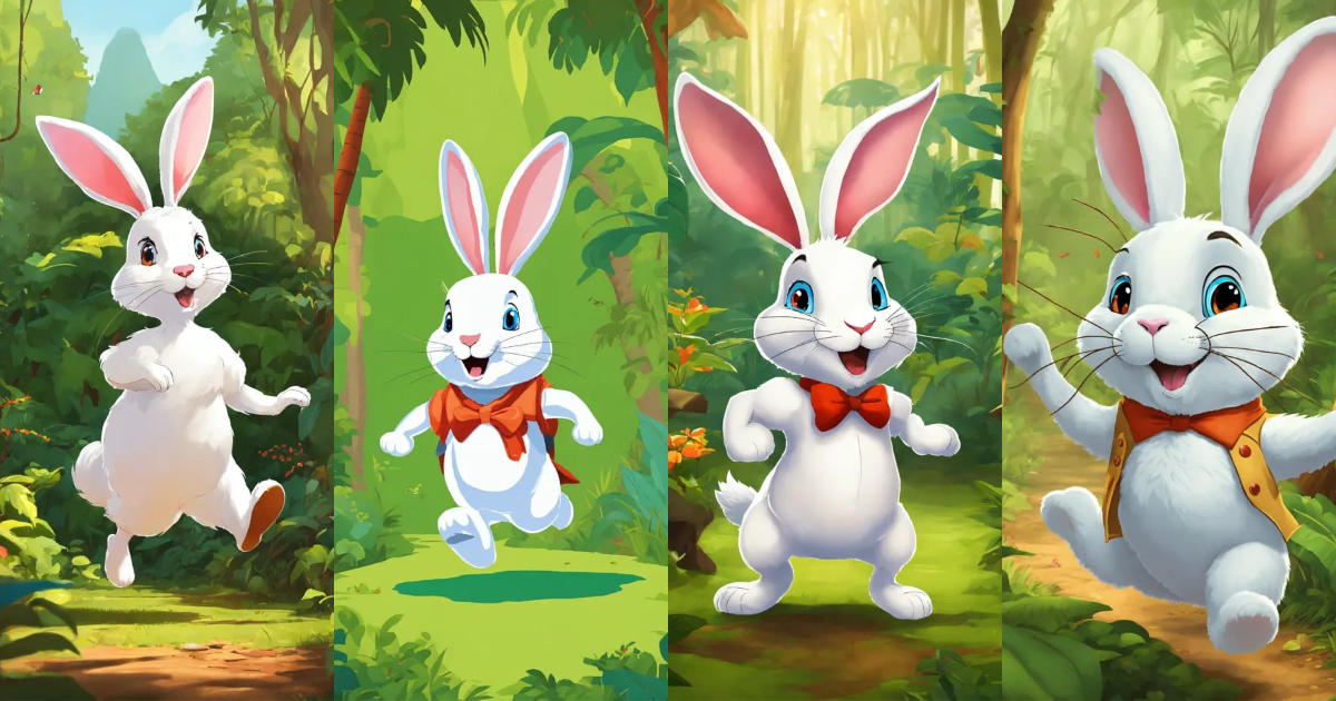 Lexica - Let cartoon big white rabbit run on two legs in jungle
