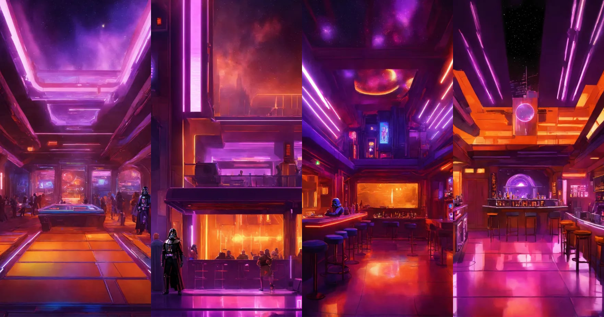 Lexica - Digital art of a Star Wars night club with purple and orange ...