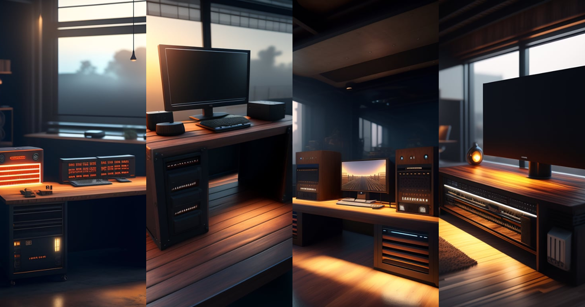 Lexica - A dark industrial wood desk with control panel on the side ...