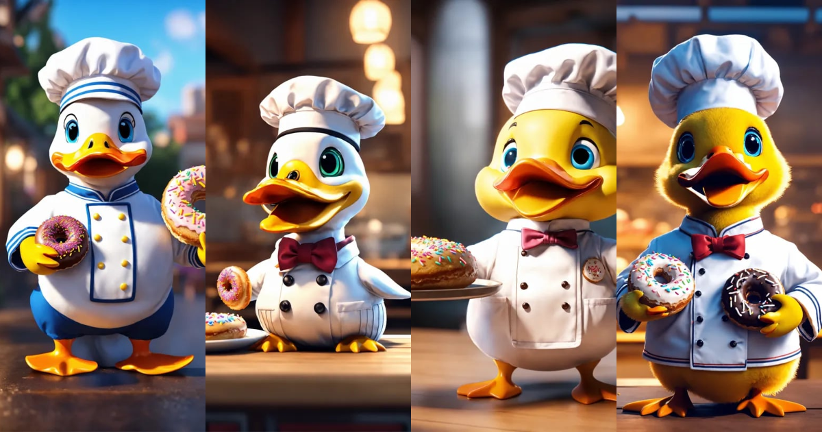 Lexica - A cute duck wearing a chef uniform holding a donut, unreal ...