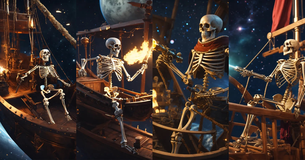 Lexica - A skeleton sherrif on a medieval ship in space. He is firing a ...