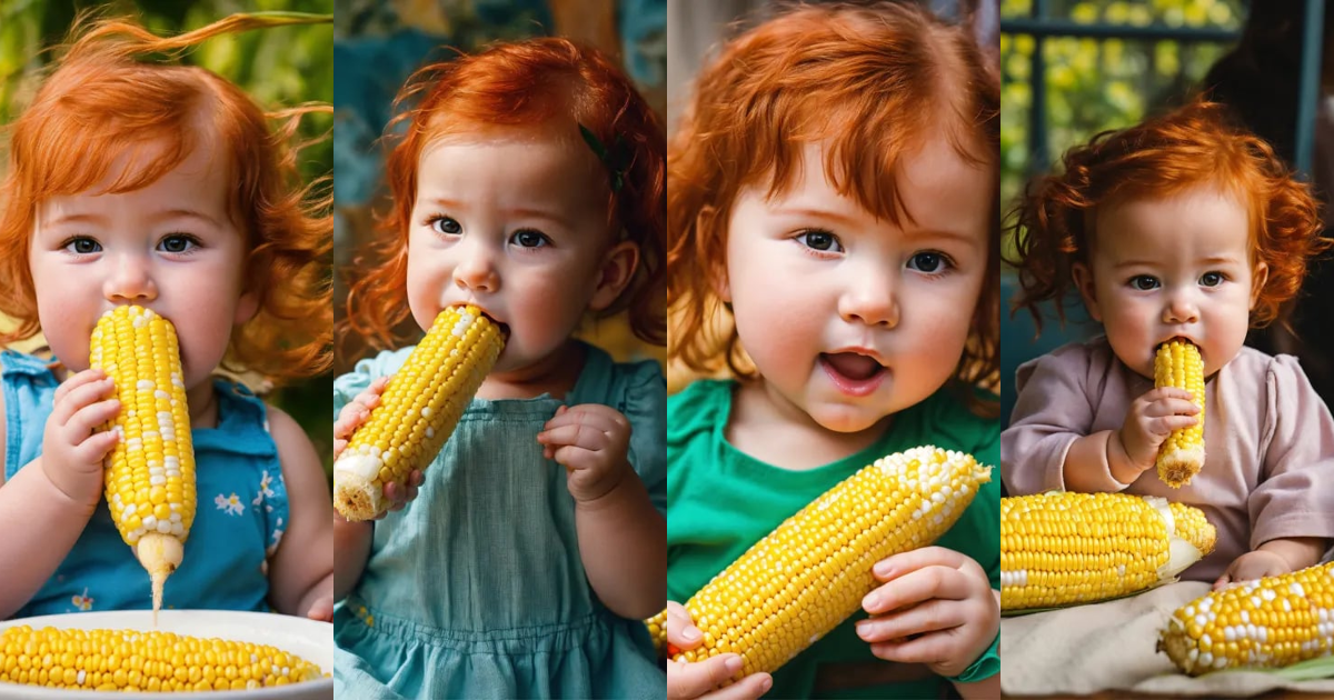Lexica - A red-haired baby girl eating corn on the cob.