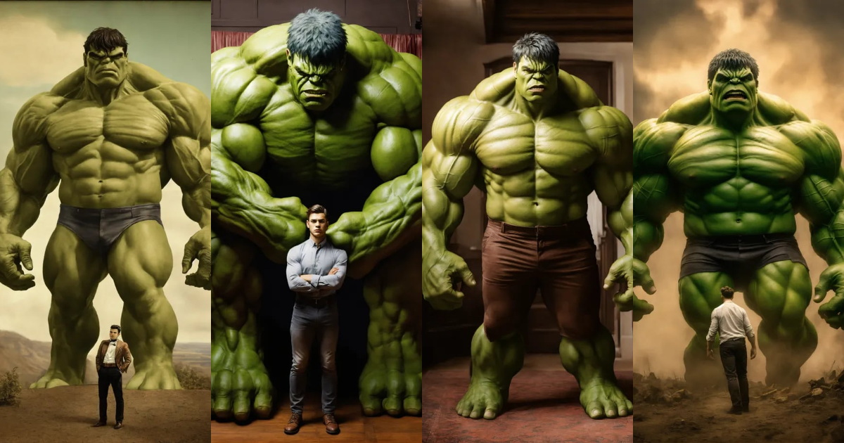 Lexica - Young man standing next to a giant hulk, in the style of ...