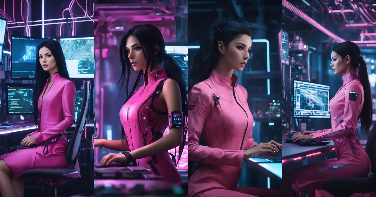 Lexica - Working woman in pink dress, dark long hair, technological lab with computer screens ...