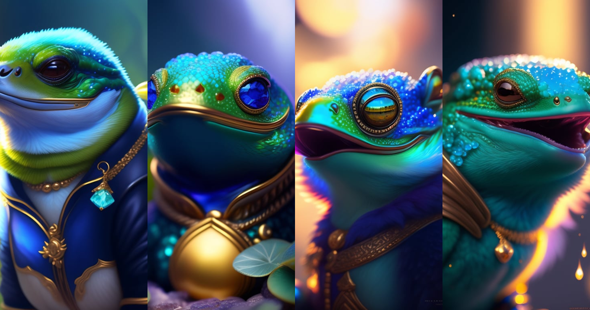Lexica - Super rich happy pepe, luxury, blue crystals, greg rutkowski