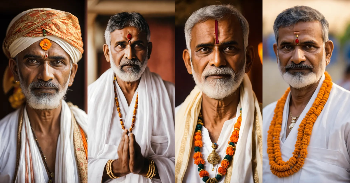 Lexica - Hindu pandit middle aged in white dhoti only , standing close up