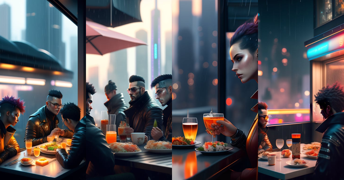 Lexica - A group of cyberpunk cyborg eating sushi on a table outside in ...