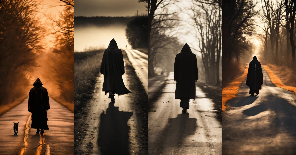 Lexica - A black and white image showing a creepy creep walking down a ...