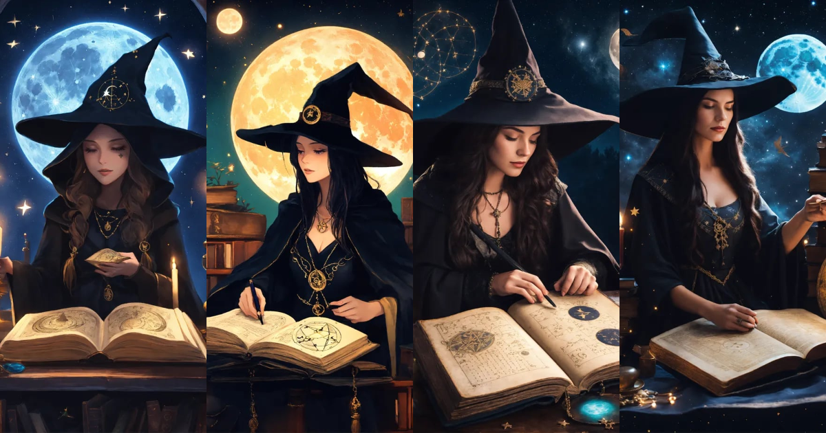 Lexica - Mysterious witch wearing a black hat and cloak, studying an ...