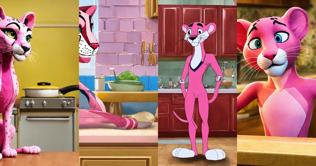Lexica - Create an image of a skinny pink panther wering a kitchen apron