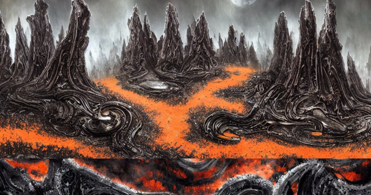 Lexica - An ominous alien giger canyon descent merged across a dark ...