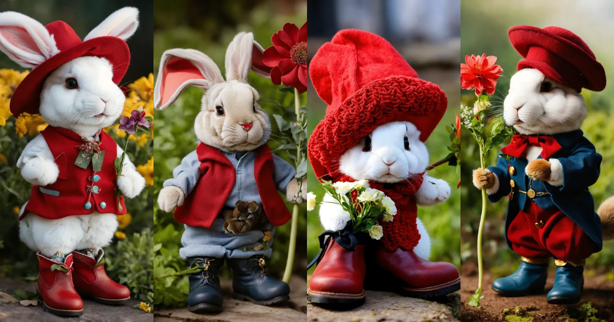 Lexica - A rabbit in boots with a red hat, holding a flower in his hand