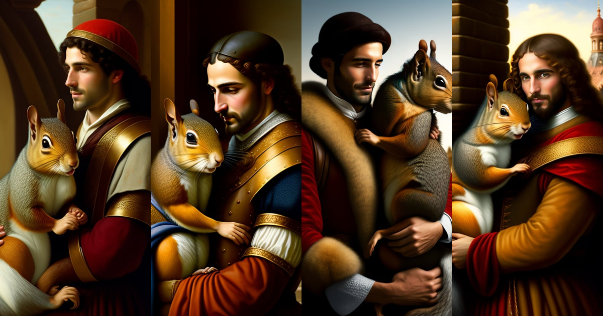 Lexica - Jacob Collins-Levy in medieval style whith squirrel in his arms