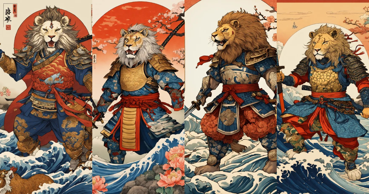 Lexica - There is a lion with a fish and a sword on a white background ...