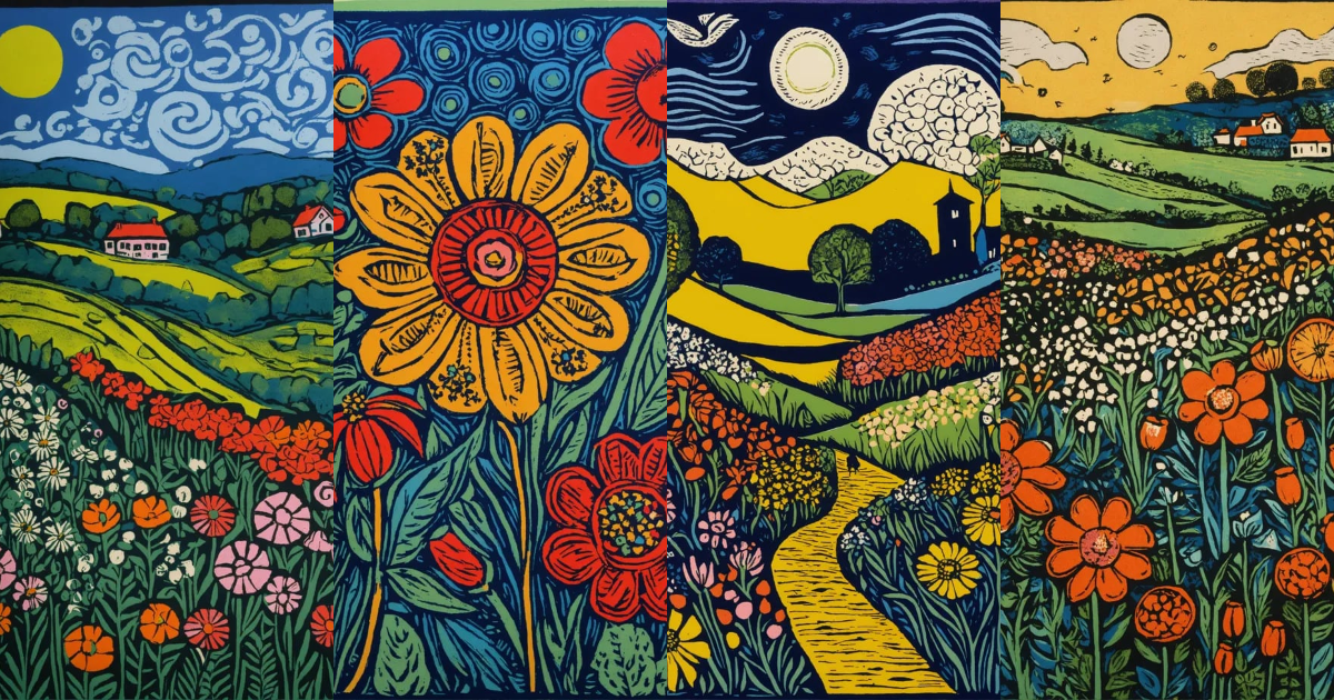 Lexica - Linocut art drawing little flowers scene folk art style ...