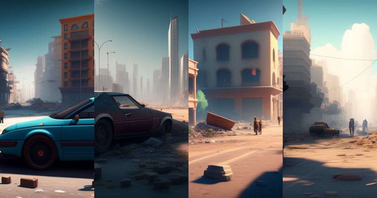 Lexica - A city with lots of broken buildings and rubble and damaged ...