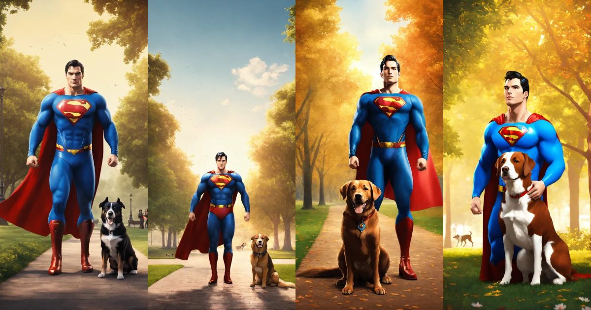 Lexica - Superman with his dog in the park, 2D render, full-body view ...
