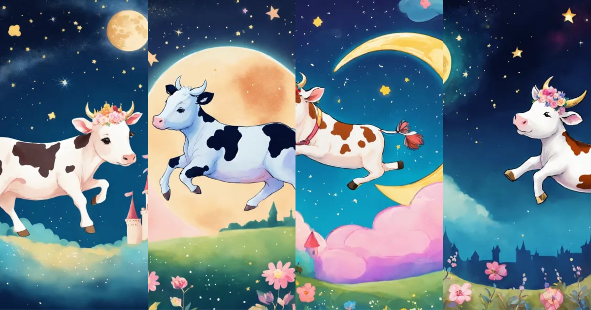 Lexica - Illustration of nursery art baby cow jumping over the moon ...