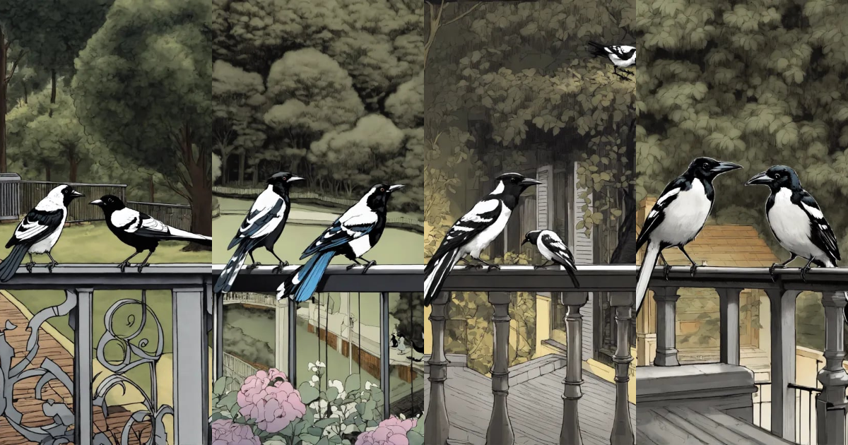 Lexica - 2 magpies facing another magpie, standing on a balcony rail ...