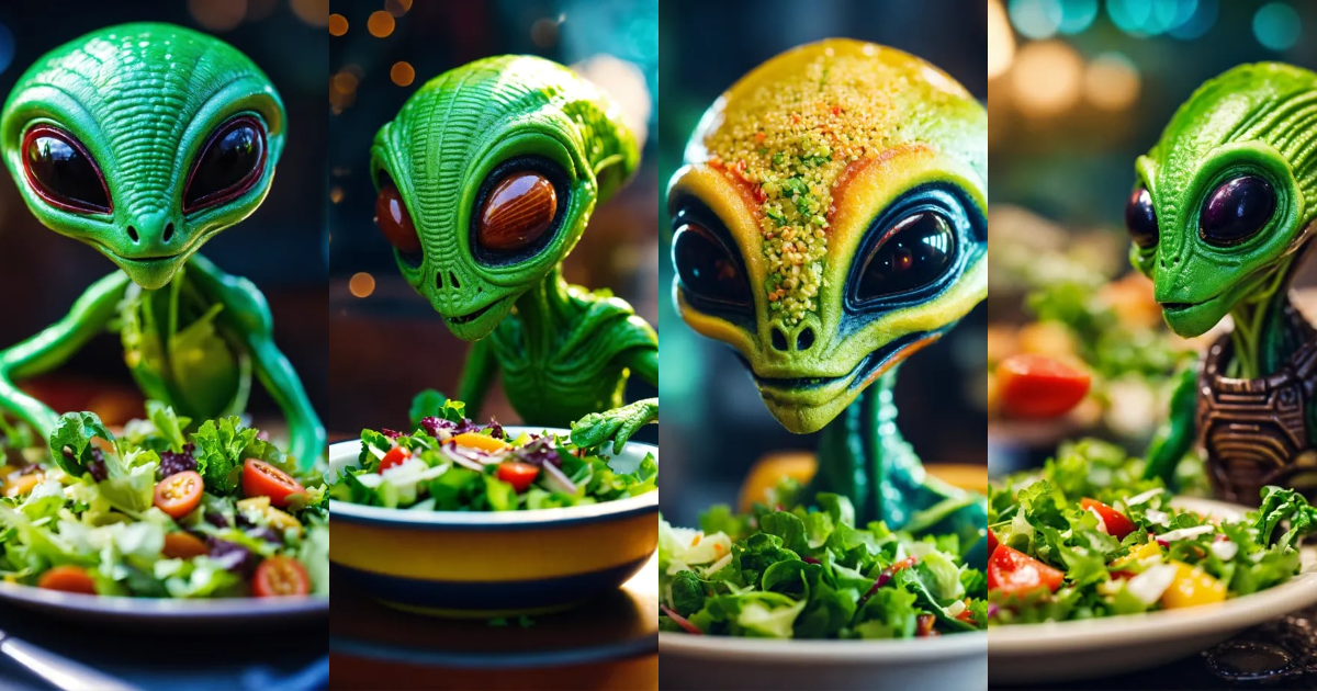Lexica - Alien, enjoys eating salad, intricate details* 3D* sharp focus ...