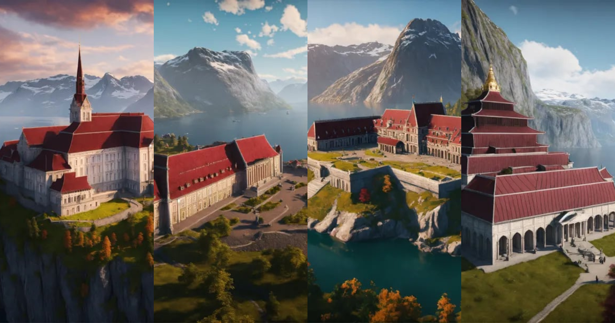 Lexica - Full image of a massive royal palace with a maroon roof on a cliff overlooking a Fjord ...