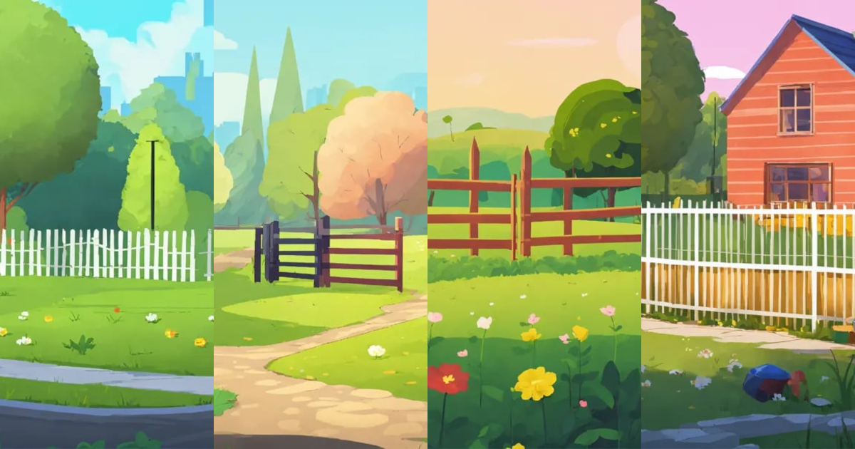 Lexica - Yard, clearing, fence in the background, 2d, flat design, cartoon