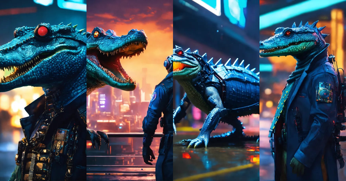 Lexica - A cyberpunk crocodile, 4k, badass, final boss blue
