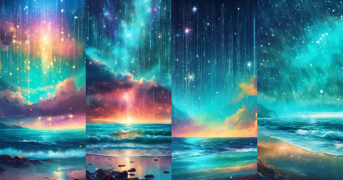 Lexica - Abstract magical rain, universe , stars, turqoise color near ocean