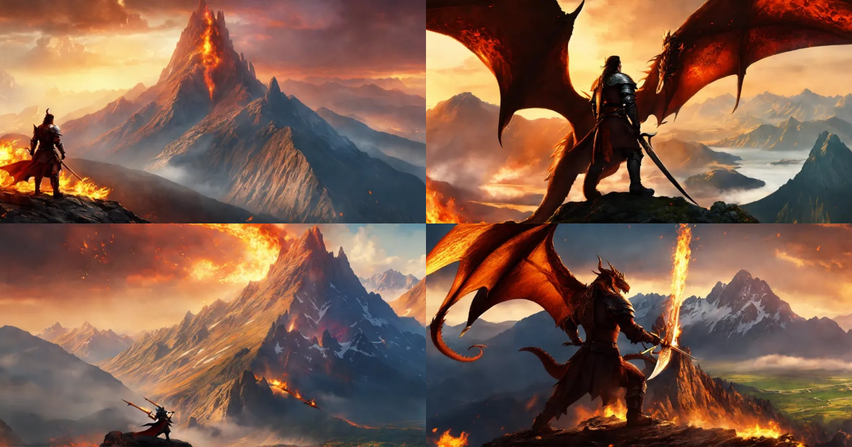 Lexica - Epic high fantasy poster dragons mountains warrior fire