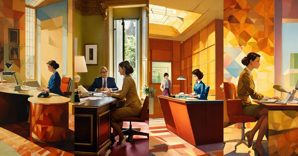 Lexica - Wide angle, geometric, Female receptionist, sitting at desk ...